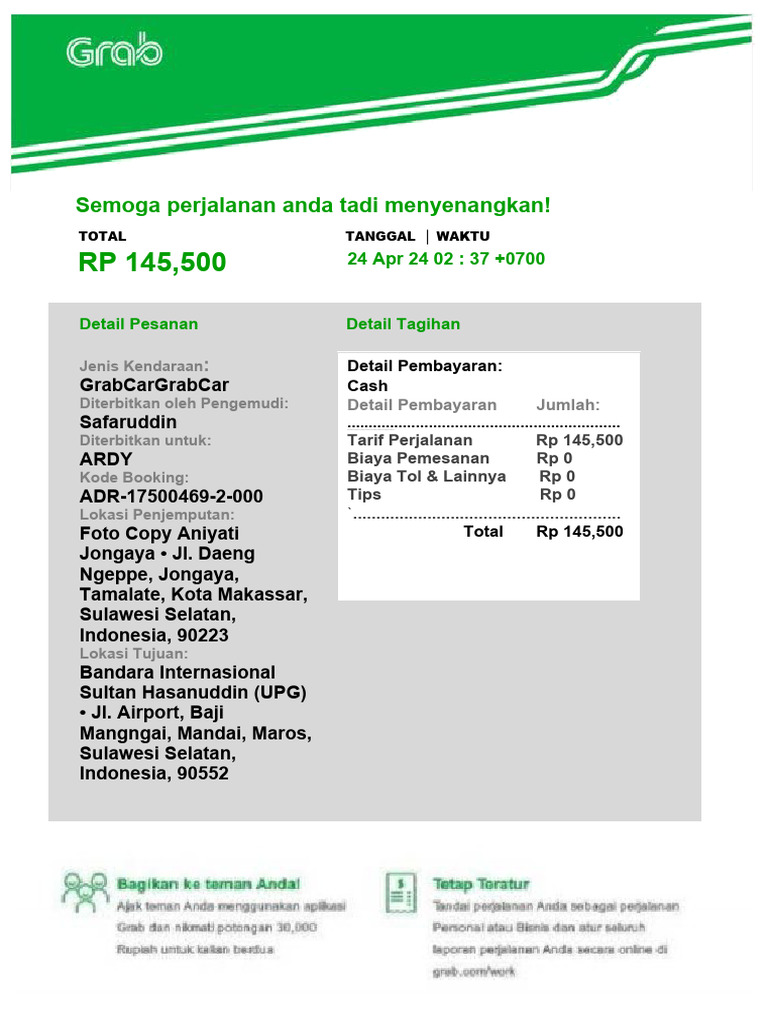 Nota Transaksi Grab Car 24 Apr 2024 | PDF | Bisnis