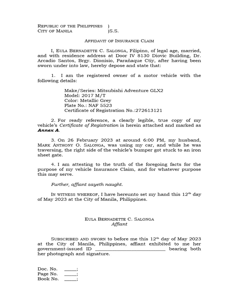 Affidavit for Vehicle Insurance Claim | PDF