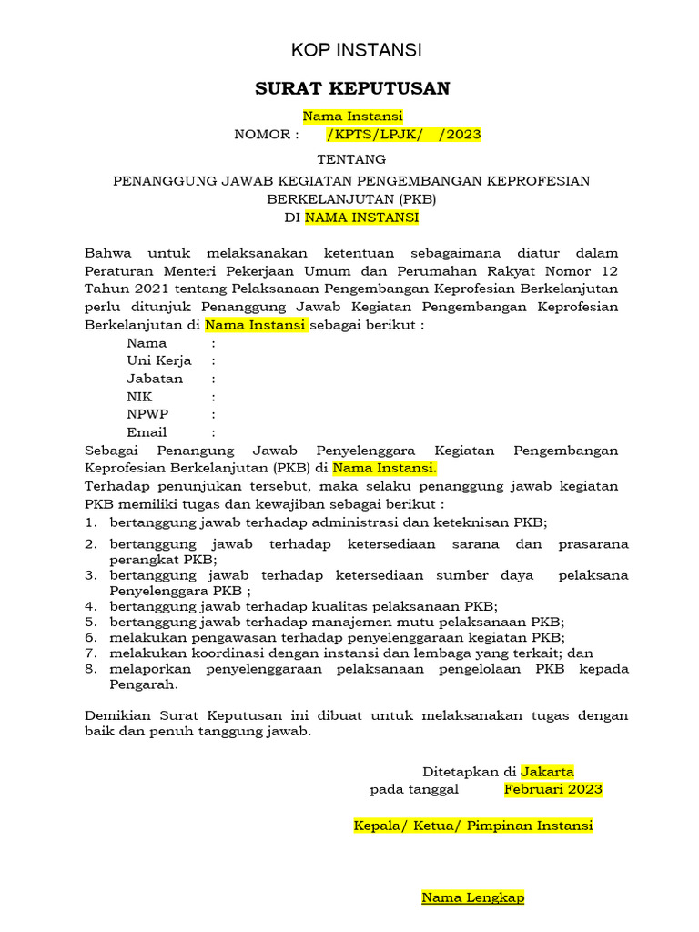 Contoh Format SK Penanggung Jawab | PDF