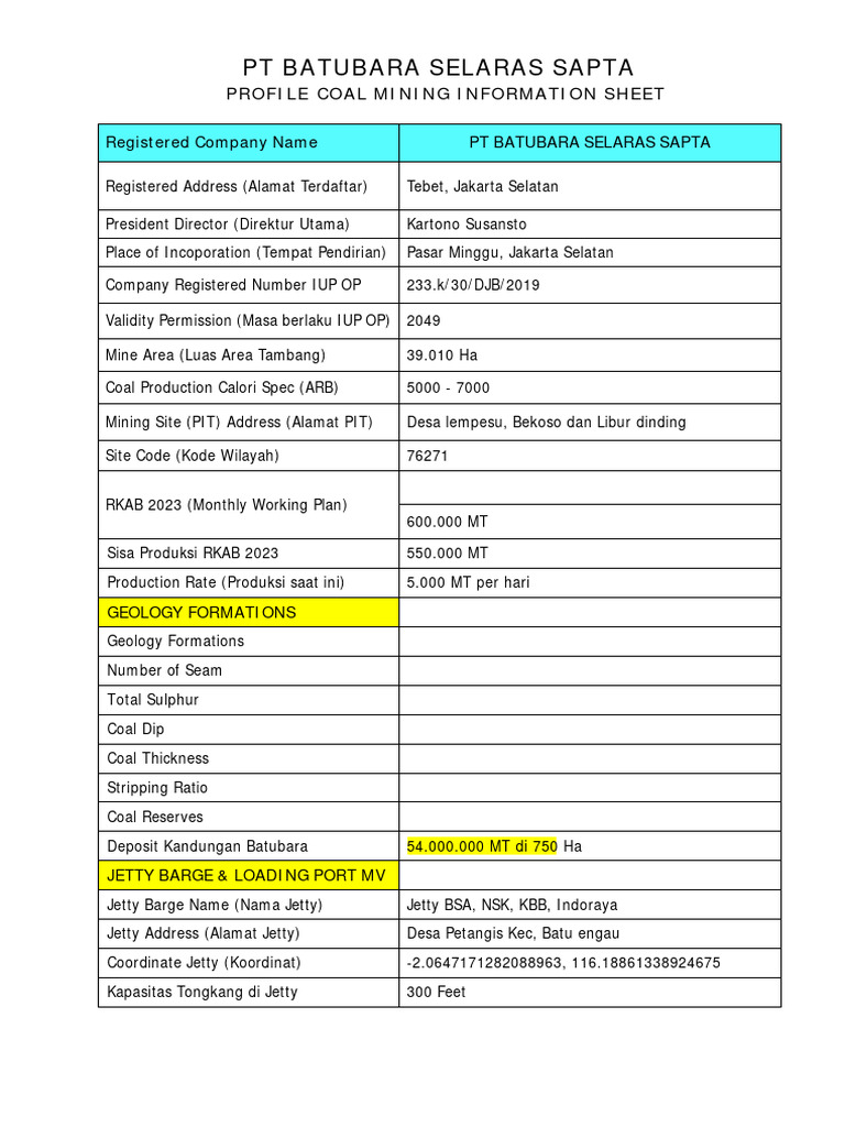 Profiile PT Batubara Selaras Sapta | PDF