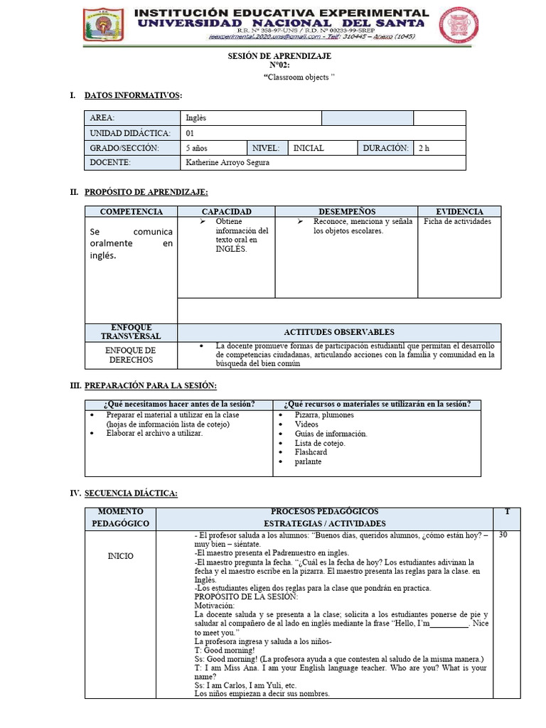 Sesión de Aprendizaje - N°02 (1) 15 Años | Descargar gratis PDF | Cognición | Aprendizaje