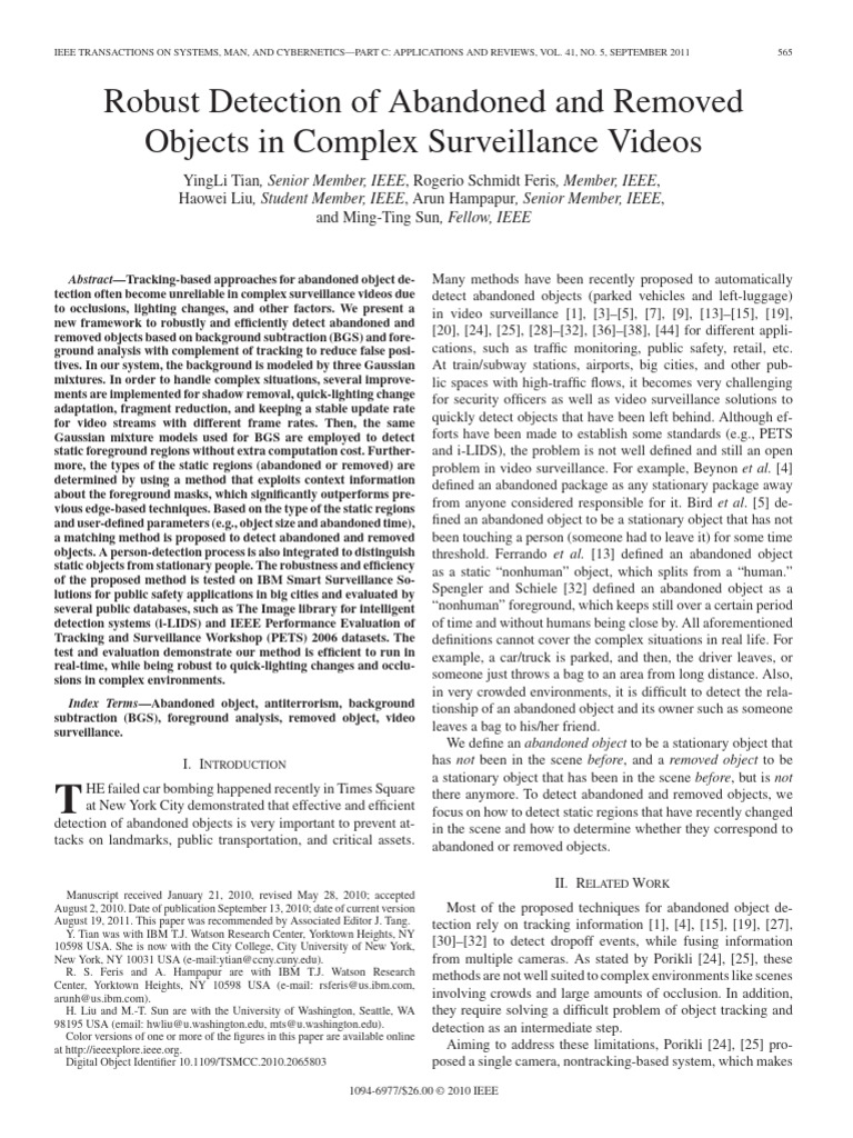Robust Detection of Abandoned and Removed Objects in Complex Surveillance Videos | PDF ...
