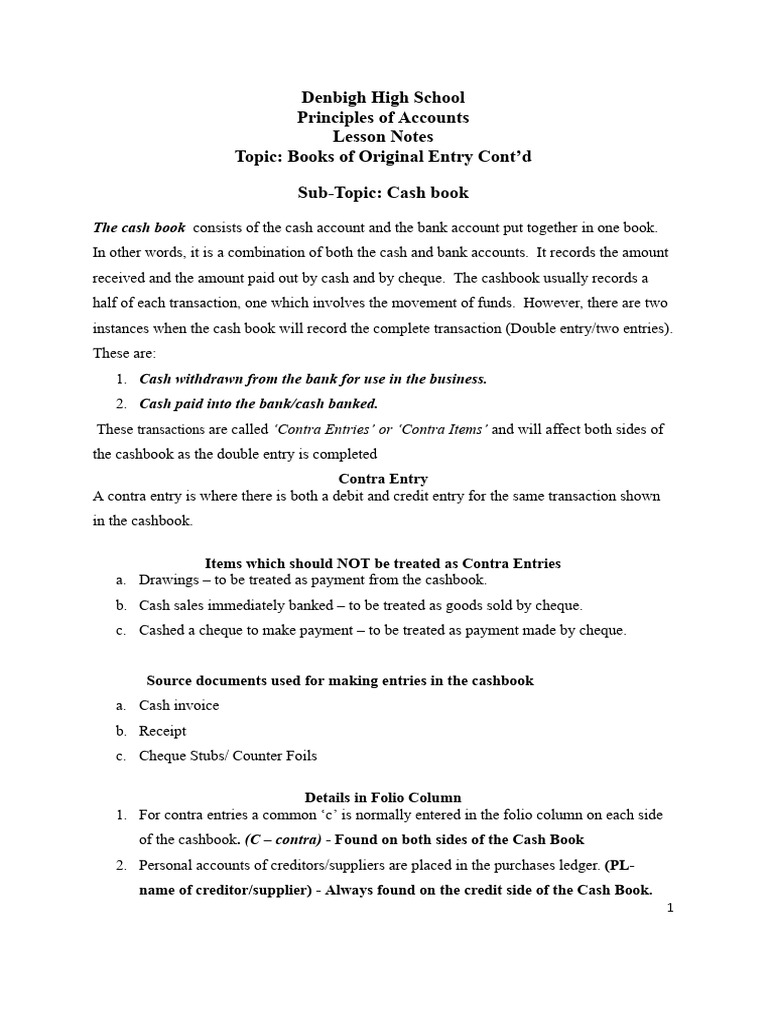 Lesson Notes On Cash Book Nov 2023 | PDF | Debits And Credits | Payments