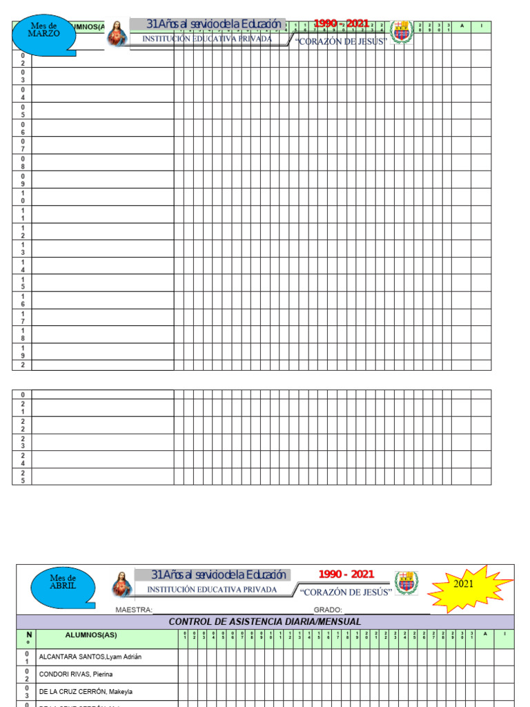 Control-De-Asistencia-Diaria-Mensual-Primaria 1ER GRADO | Descargar ...