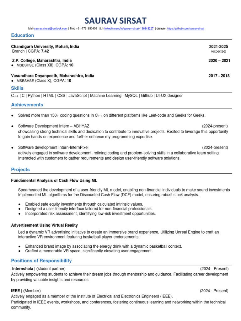 Resume - Saurav Sirsat 2 | PDF | Usability | Virtual Reality
