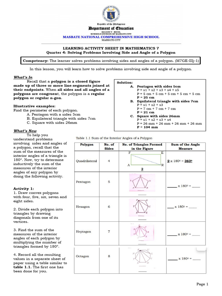 Q4 LAS Solving Problems Involving Side and Angle of A Polygon | PDF | Polygon | Triangle