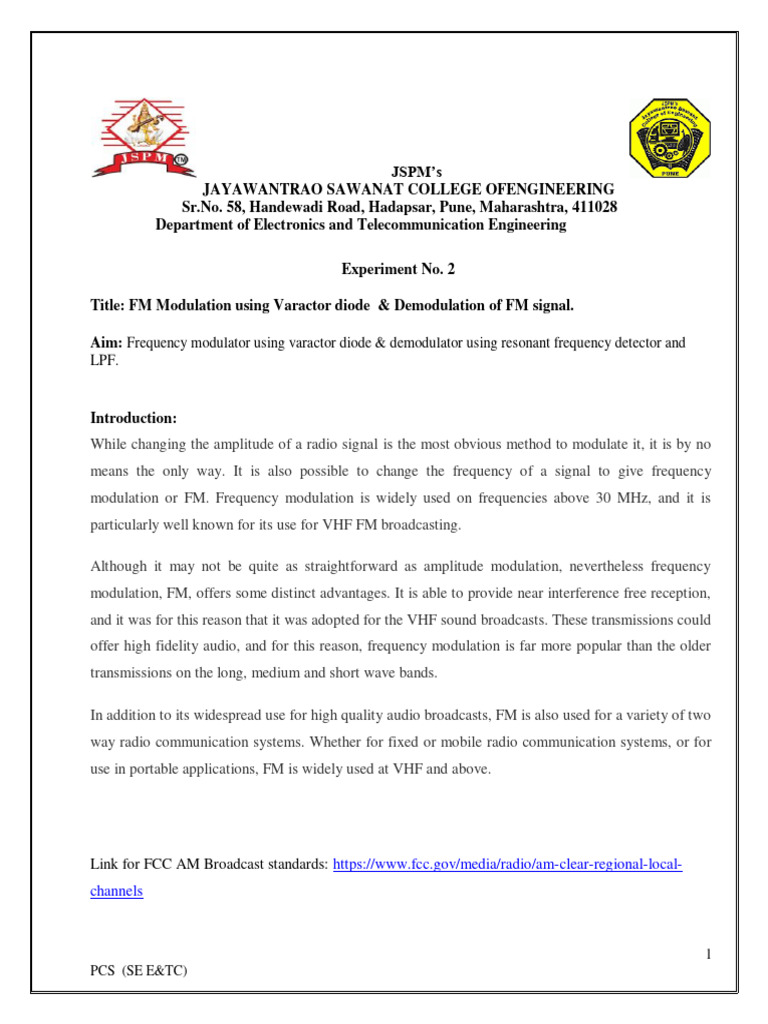 Experiment No 2 Fm Generation Using Varactor Diode Method Pdf Frequency Modulation Modulation