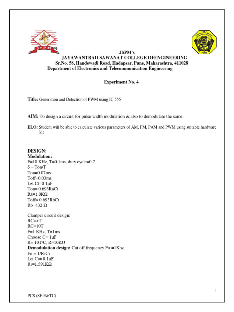 Experiment No 4 Generation And Detection Of Pwm Using Ic 555 Pdf