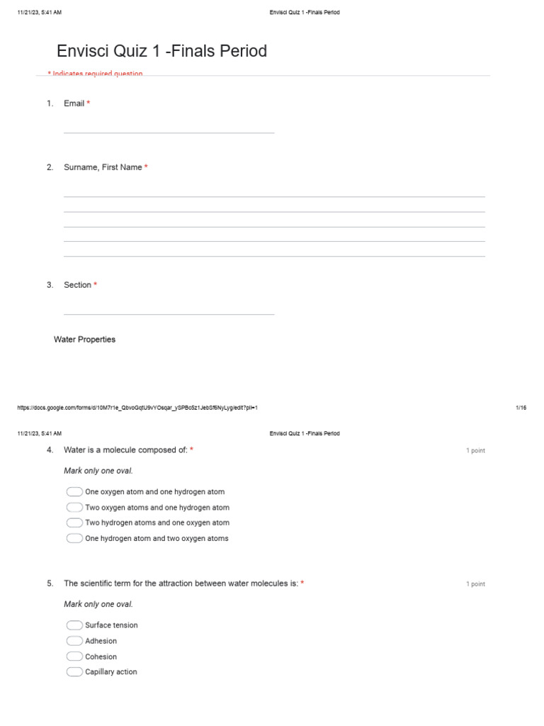 Envisci Quiz 1 - Finals - Google Forms | PDF | Water | Water Cycle
