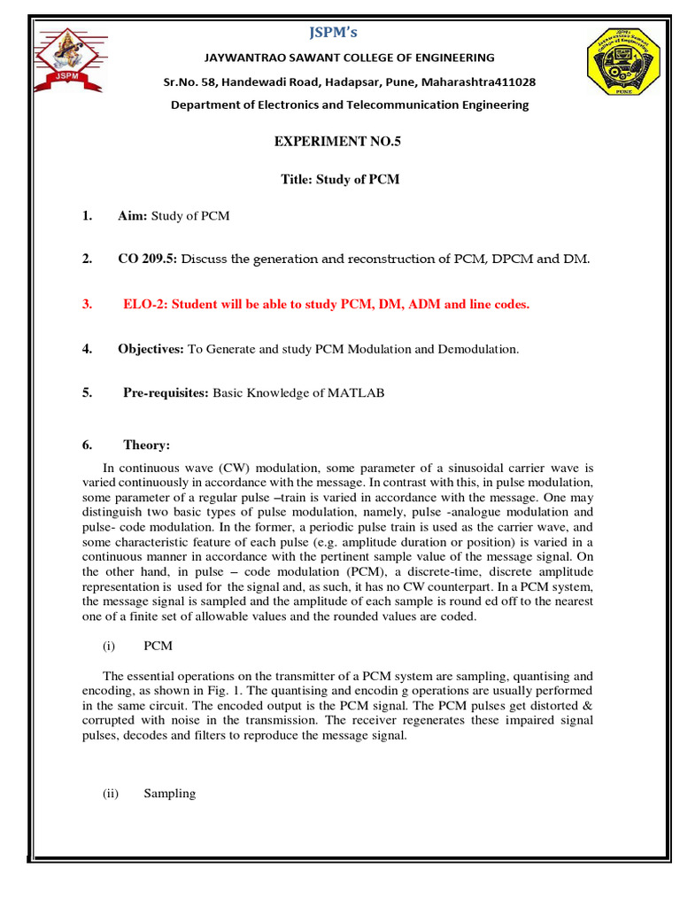 Experiment No 5 Study of PCM | PDF | Modulation | Sampling (Signal Processing)