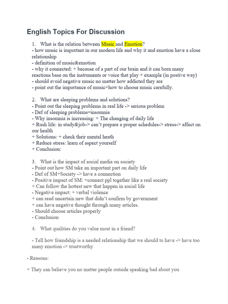 English Topics For Discussion | PDF | Emotions | Insomnia