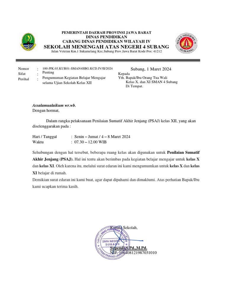 Surat Pemberitahuan Belajar Di Rumah | PDF