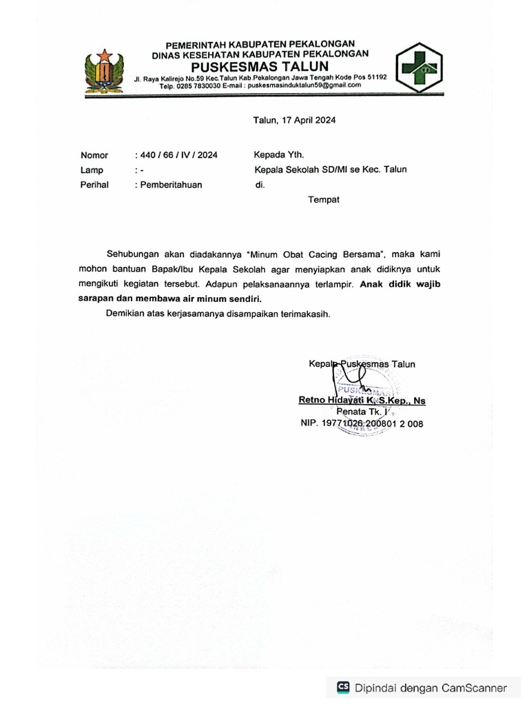 Surat Pemberitahuan Obat Cacing | PDF