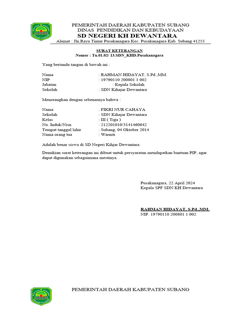 Surat Keterangan PKH | PDF