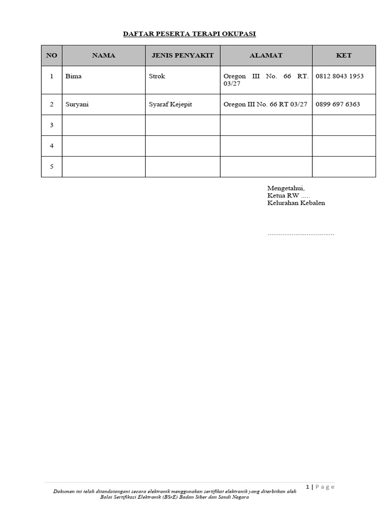 Format Daftar Peserta Terapi Okupasi | PDF