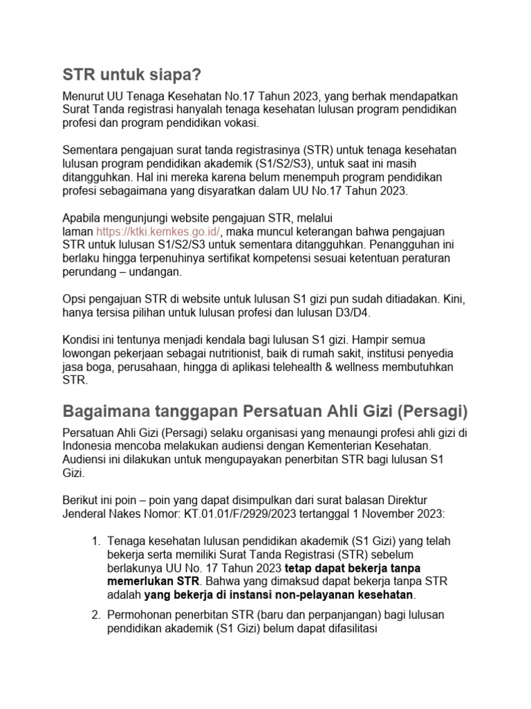 STR untuk Lulusan S1 Gizi 2023 | PDF