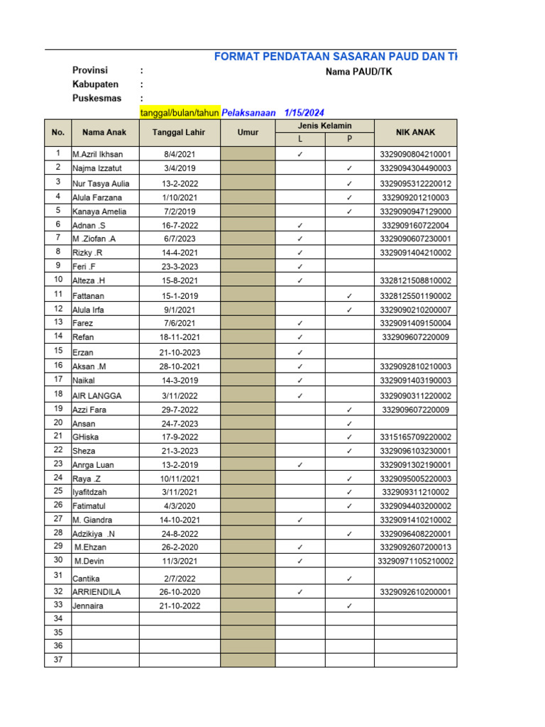 Format Data Paud Dan TK Sub Pin 2024 | PDF