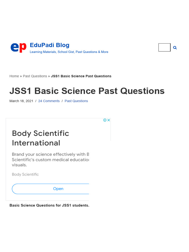 JSS1 Basic Science Past Questions - EduPadi Blog | PDF | Foods | Plants