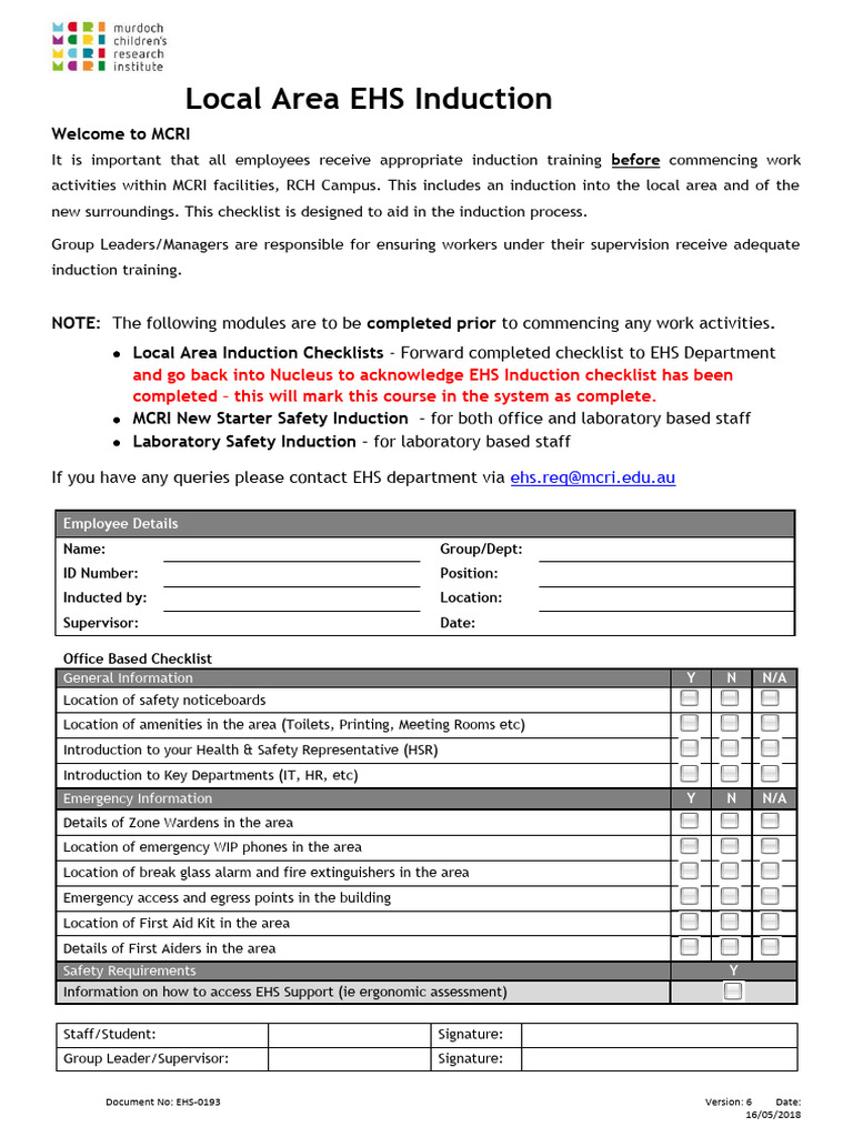 Local Area EHS Induction Checklist | PDF | Laboratories | First Aid
