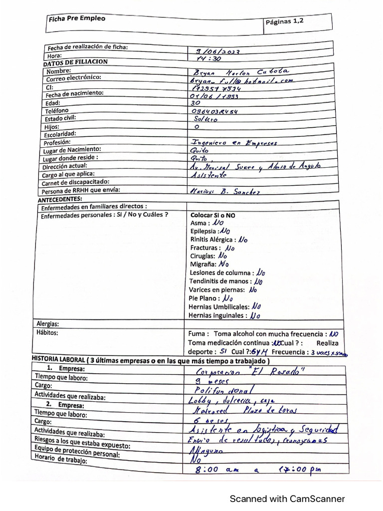 Ficha Pre - Empleo | PDF