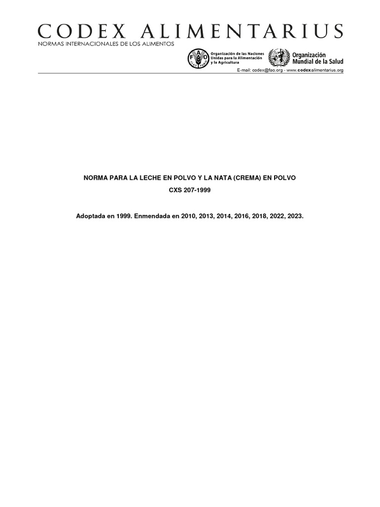 Norma de Leche y Nata en Polvo CXS 207-1999 | PDF | Leche | Seguridad alimenticia