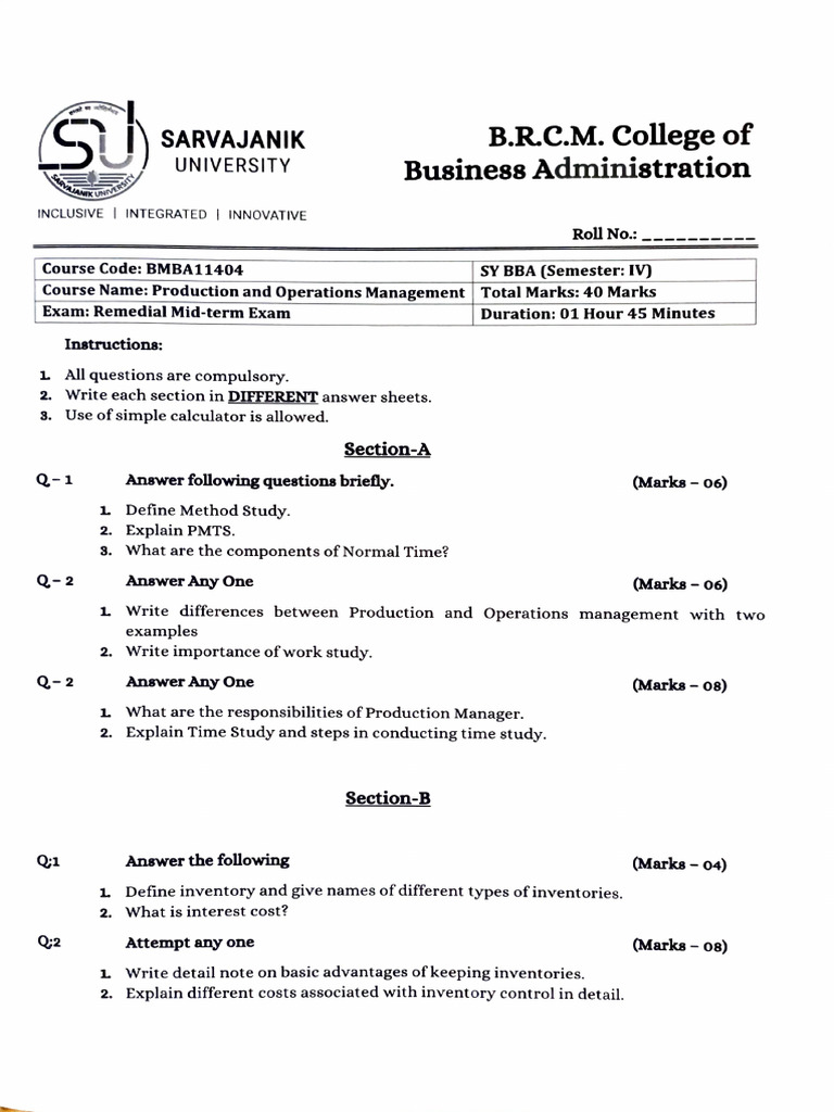 Production and Operations Management Exam Guide | PDF | Operations ...