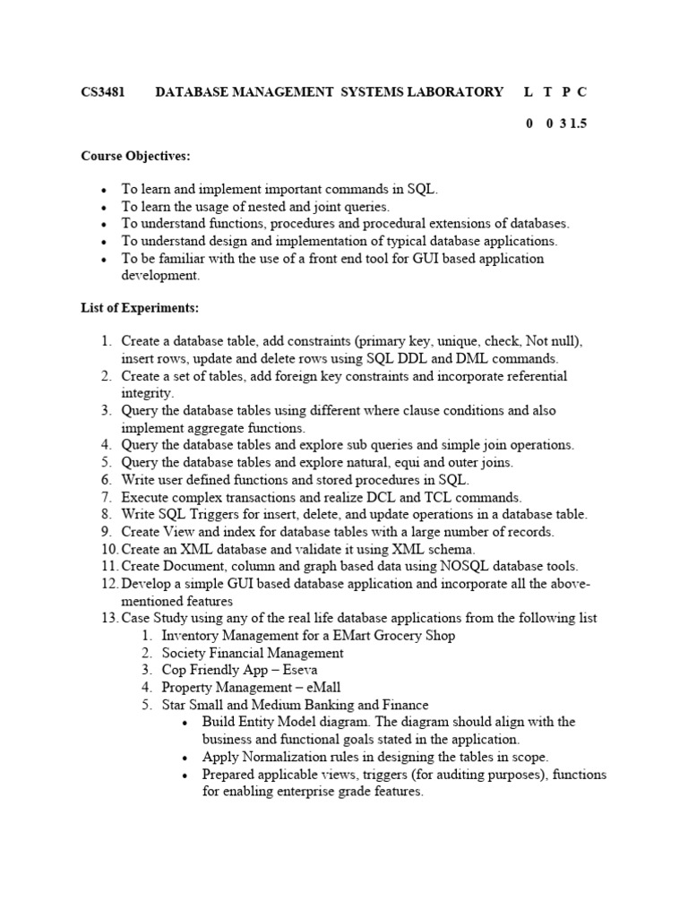 DBMS Laboratory | Download Free PDF | Databases | Sql
