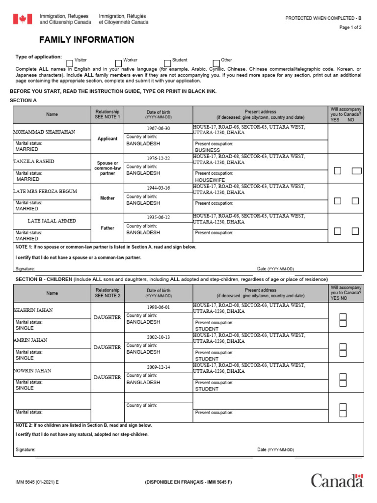 Canada Immigration Family Form | PDF | Bangladesh