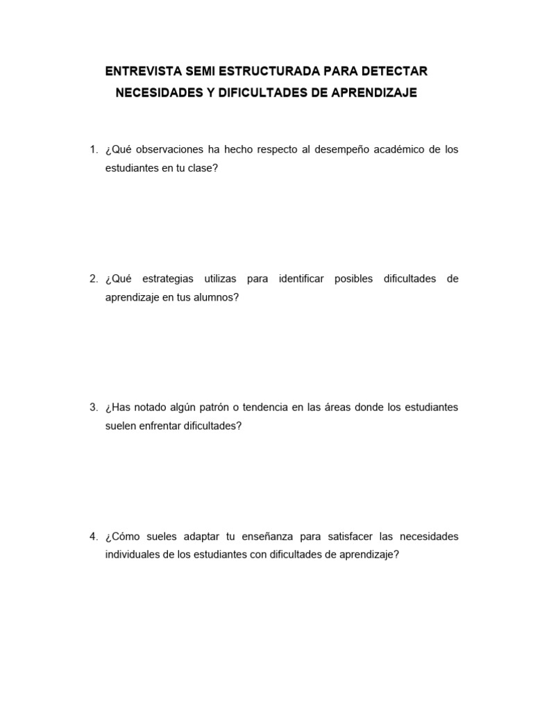 Entrevista Semi Estructurada para Detectar Necesidades y Dificultades de Aprendizaje-1 | PDF ...