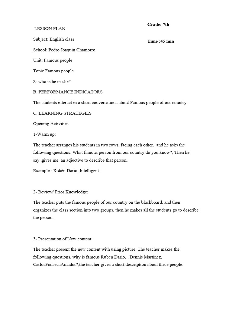 Famous Nicaraguans Lesson Plan | PDF | Career & Growth | Language Arts ...