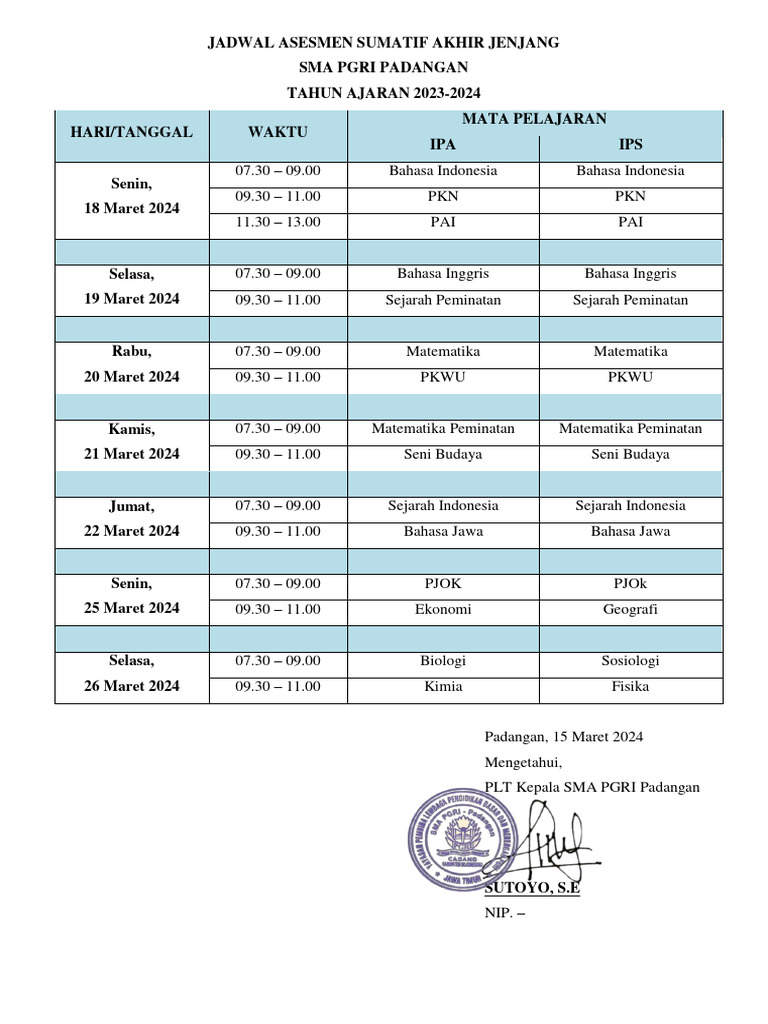 Jadwal - Asesmen Sumatif Akhir Jenjang 2023-2024 | PDF