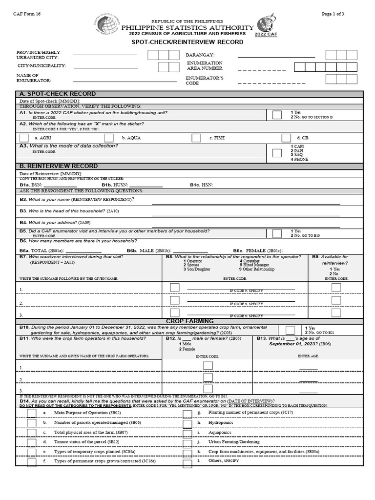 CAF Form 16 Spotcheck or Reinterview Record 06172023 | PDF | Aquaculture | Agriculture
