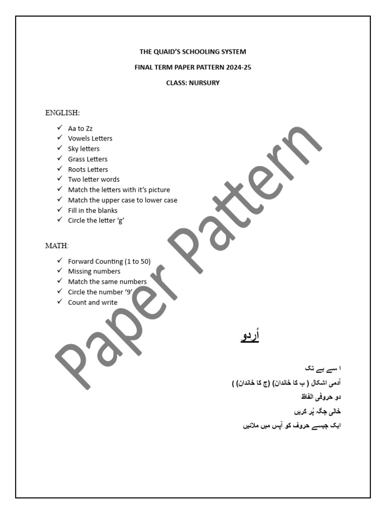 Class Nursury Final Paper Pattern | PDF
