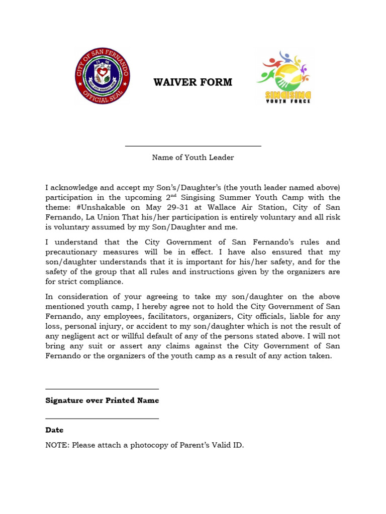 Waiver Form Youth Camp | PDF