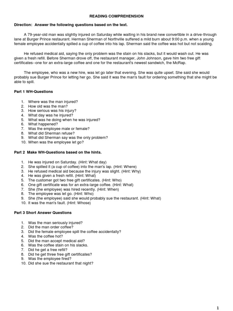 Reading Comprehension Direction: Answer The Following Questions Based ...