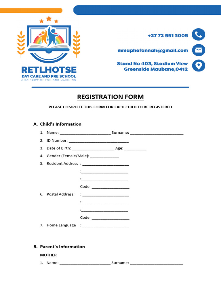 Registration Form 2 | PDF | Child Care