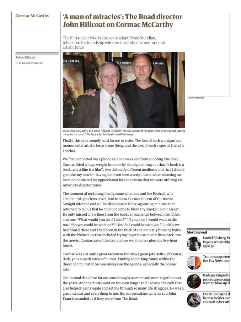 ‘a Man of Miracles’_ the Road Director John Hillcoat on Cormac McCarthy _ Cormac McCarthy _The ...