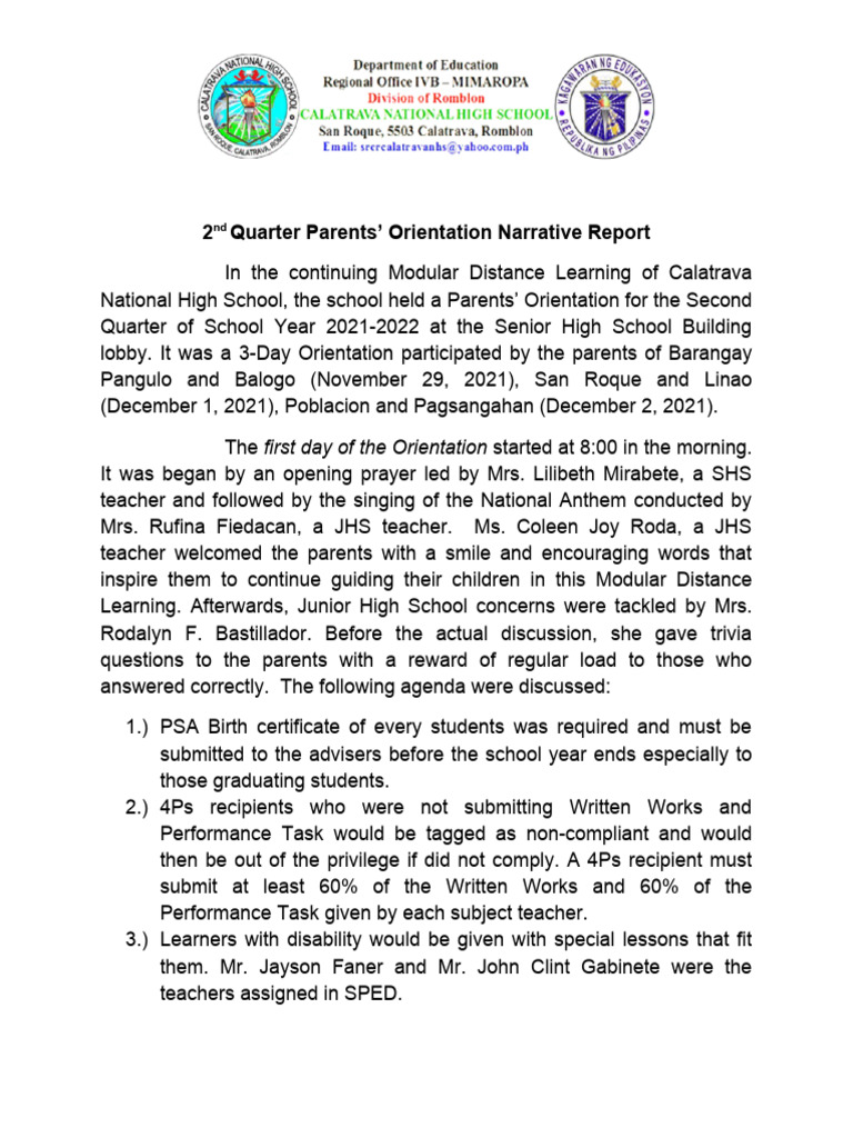Narrative Report San Roque Orientation | PDF | Vaccination