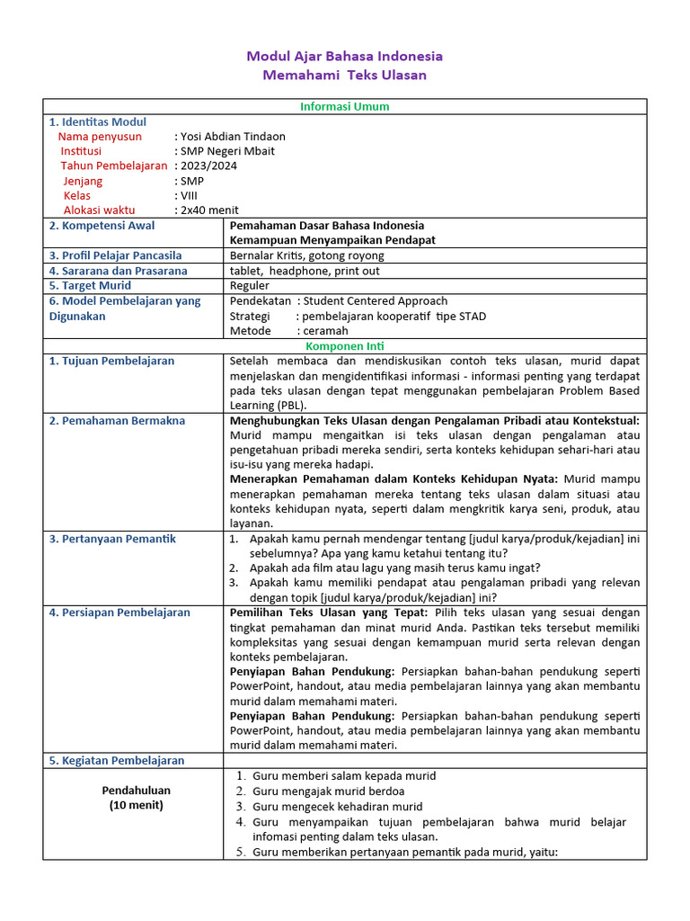 Tabel Modul Ajar Bahasa Indonesia | PDF | Karier & Perkembangan
