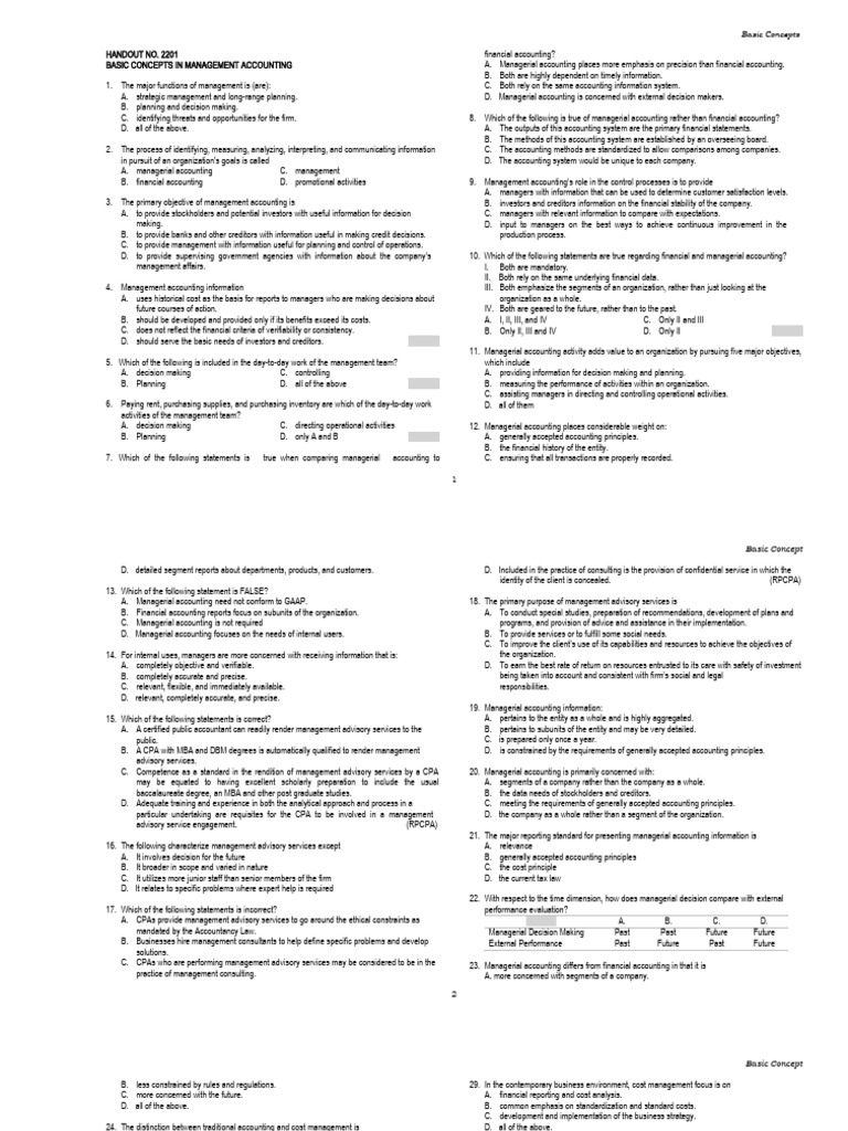 Handout No. 2201 Basic Concepts in Management Accounting | PDF | Accounting | Management Accounting