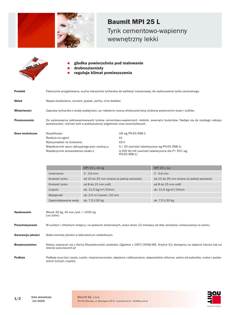 Tynk Cementowo-Wapienny - Pds - Mpi - 25 - L - BPL - PL - 13203 - Tynk Lekki | PDF