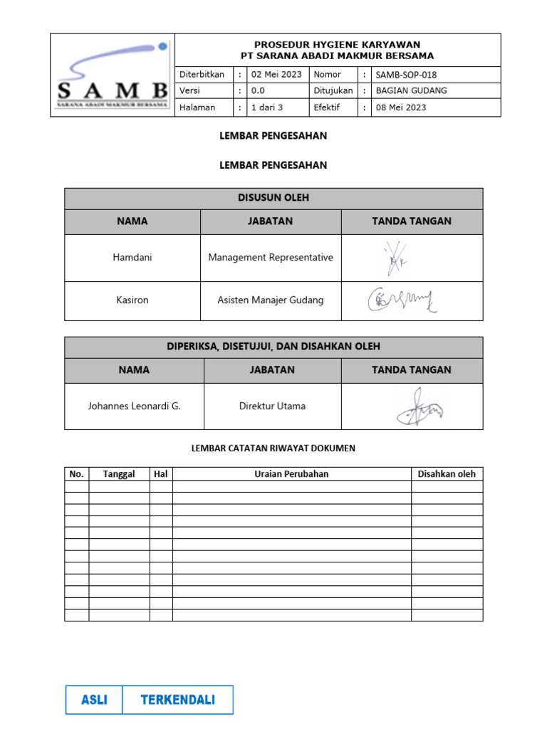Prosedur Hygiene Karyawan Gudang SAMB | PDF