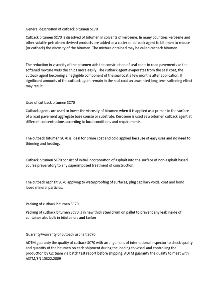 General Description of Cutback Bitumen SC70 | PDF | Distillation | Road ...