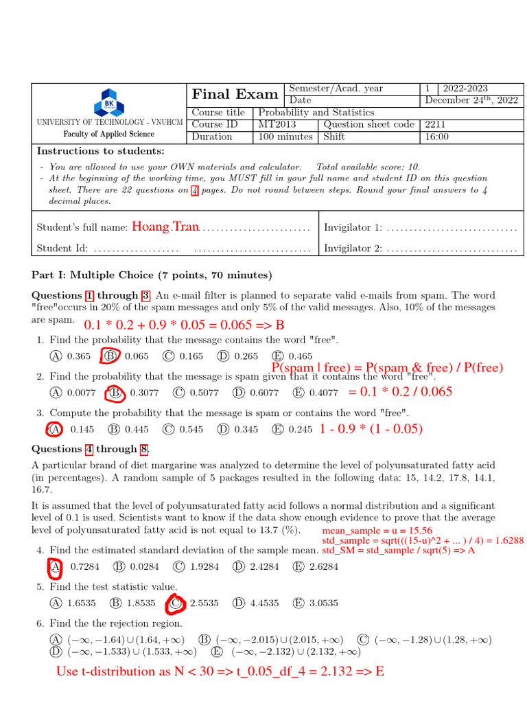 Final Exam: Hoang Tran | Download Free PDF | Errors And Residuals | Confidence Interval