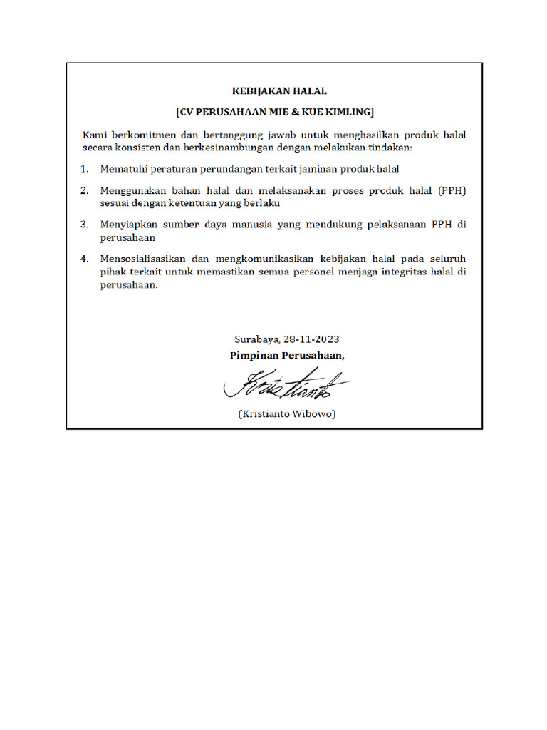 Kebijakan Halal CV Kim Ling | PDF