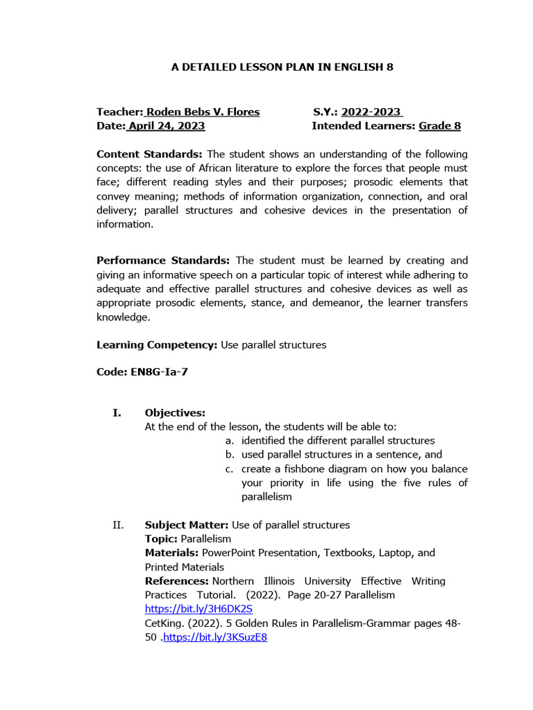 Lesson Plan on Parallel Structures | PDF | Language Arts & Discipline ...