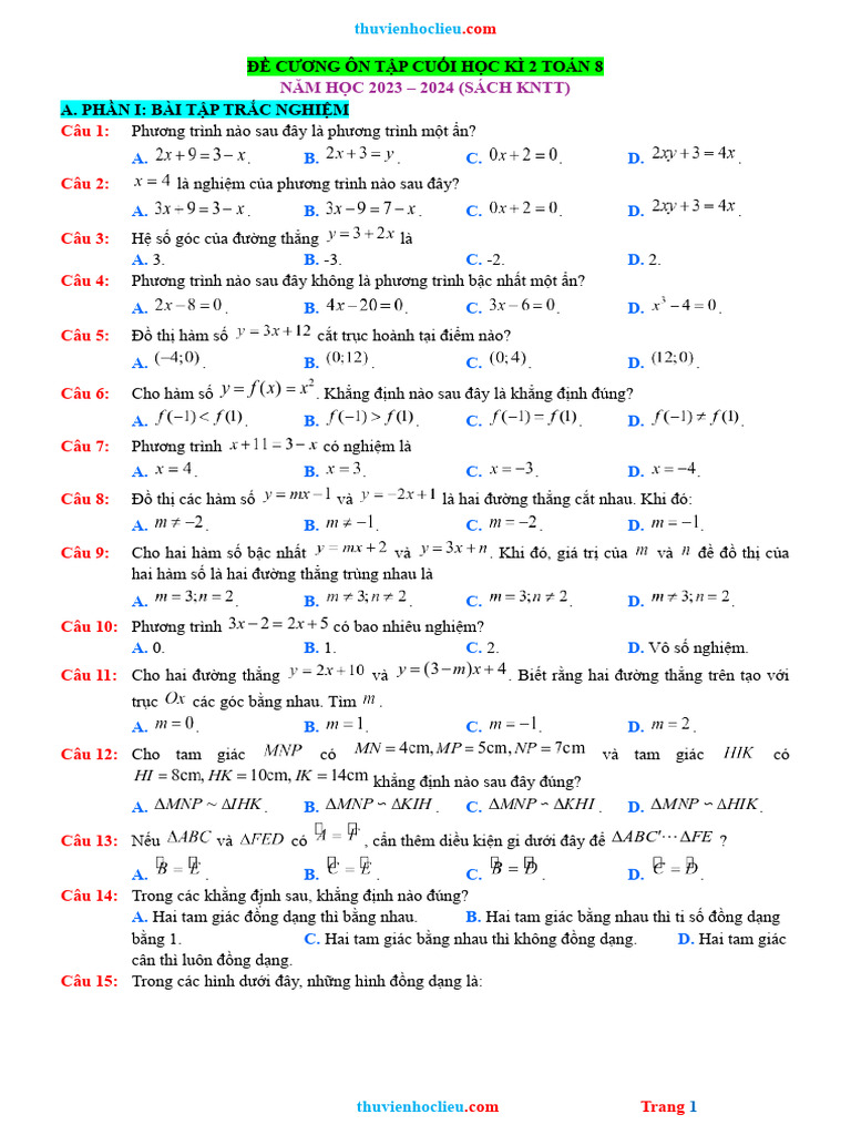 De Cuong On Tap HK2 Toan 8 KNTT | PDF