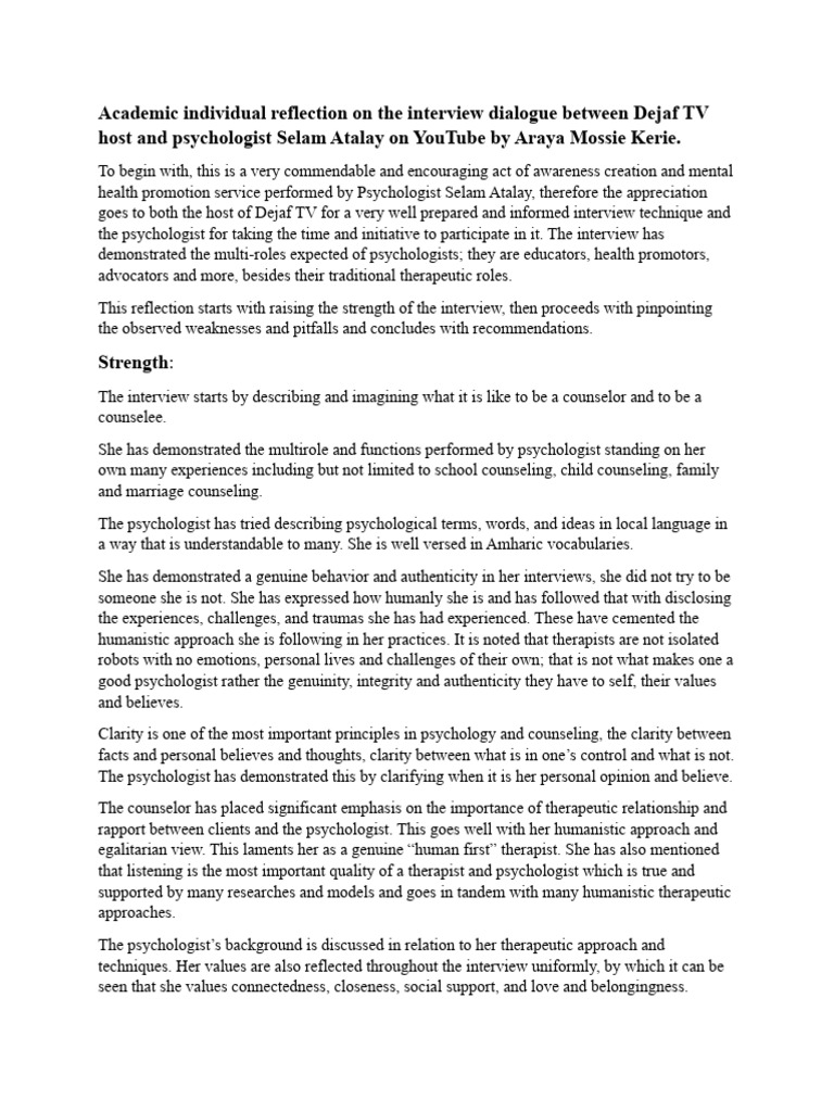 Academic Reflection On The Psychologist Selam Interview Technique | PDF ...