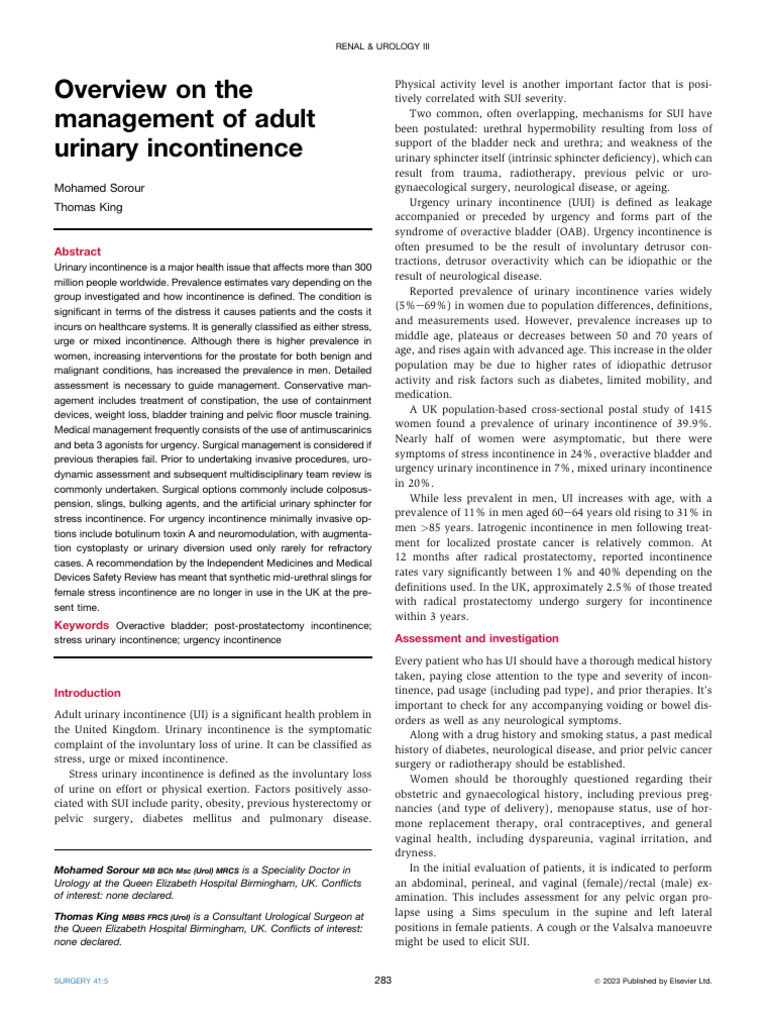 Overview On The Management of Adult Urinary Incontinence | PDF ...