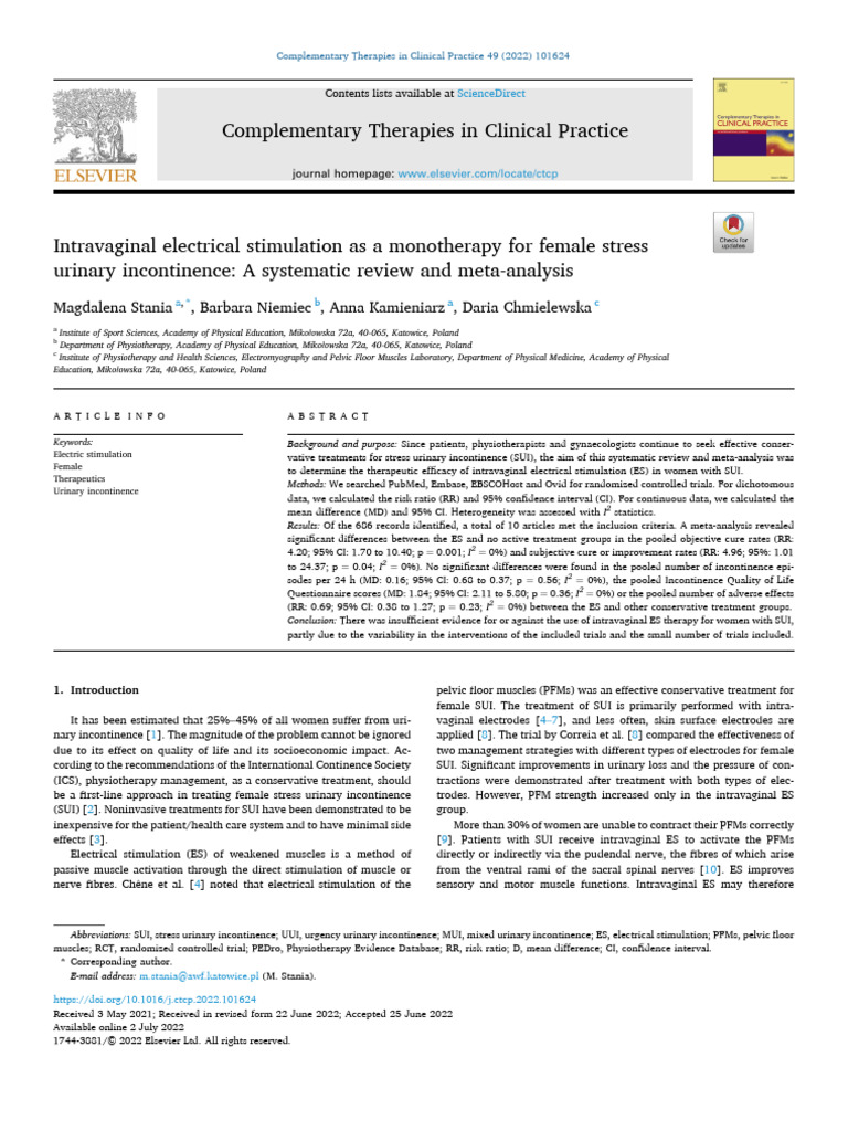 Intravaginal Electrical Stimulation As A Monotherapy For Female Stress ...